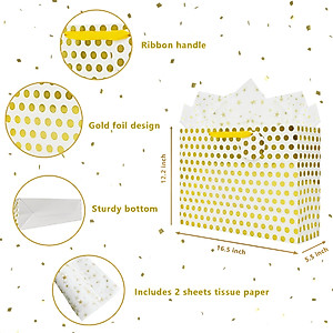 OFIHANLY 16.5" Extra Large Birthday Gift Bag with Handles for Women Men Wedding Bridal Shower Gold Polka Dot Kids Boy Girls Baby Shower Party Paper Bag with Tissue Paper,1Pcs