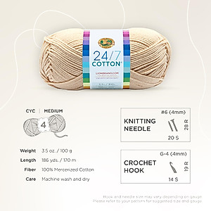 Lion Brand 24/7 Cotton Yarn, Lightweight Yarn for Knitting, Crocheting, and Crafts, Ecru, 3 Pack