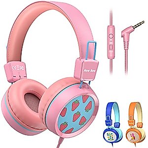 New bee Kids Headphones for School with Microphone KH20 Wired HD Stereo Safe Volume Limited 85dB/94dB Foldable Lightweight On-Ear Headphone for Girl/Mac/Android/Kindle/Tablet/Pad (Pink)