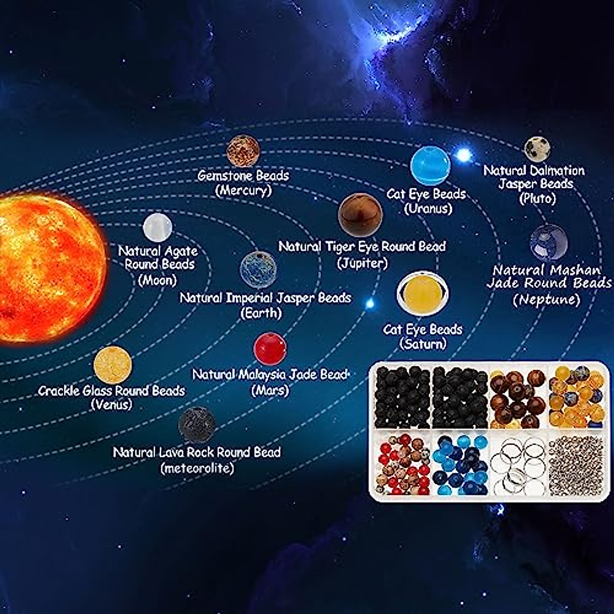 SUNNYCLUE 1 Box 300+Pcs DIY 10 Sets Solar System Bracelets Kit Universe Galaxy The Nine Guardian Planets Beading Bracelet Necklace Tiger Eye Bead Natural Gemstone Beads for Jewelry Making Kits Craft