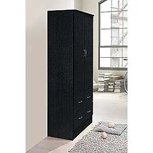 HODEDAH IMPORT Two Door Wardrobe, with Two Drawers, and Hanging Rod, Black