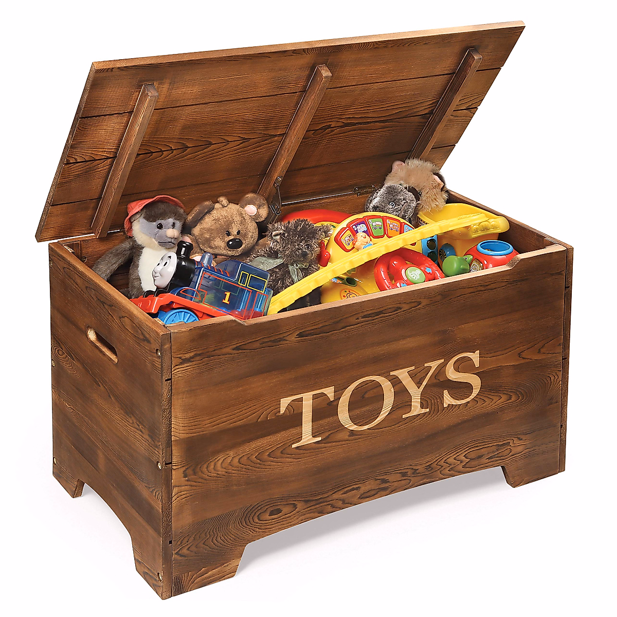 Badger Basket Farmhouse Solid Wood Rustic Toy Box with Reversible "Toys" Panel - Caramel Brown