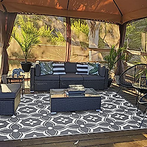 Vaukki Reversible Rug, Plastic Straw Outdoor Mat Fade Resistant Plastic Outdoor Patio Mat, Lightweight Ocean Area Carpet for Patio, RV, Camping, Deck, Backyard and Picnic (Grey and White, 4'x6')