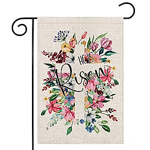 Easter Religious Cross Garden Flag 12x18 Inch Double Sided He is Risen with Flower,Small Seasonal Yard Flag for Farmhouse Holiday Outdoor Outside Decor