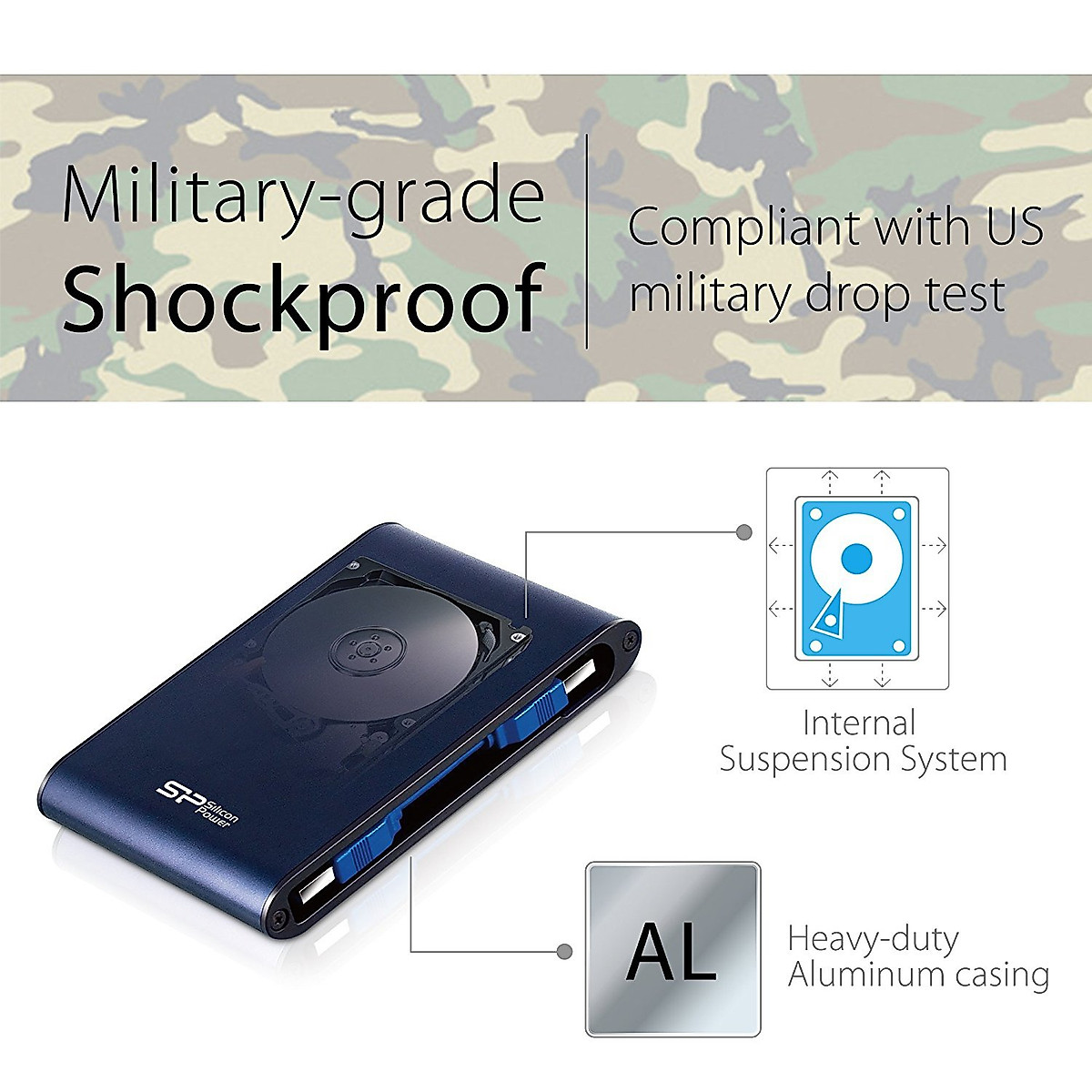 Silicon Power 2TB Rugged Portable External Hard Drive Armor A80, Waterproof USB 3.0 for PC, Mac, Xbox and PS4, Blue
