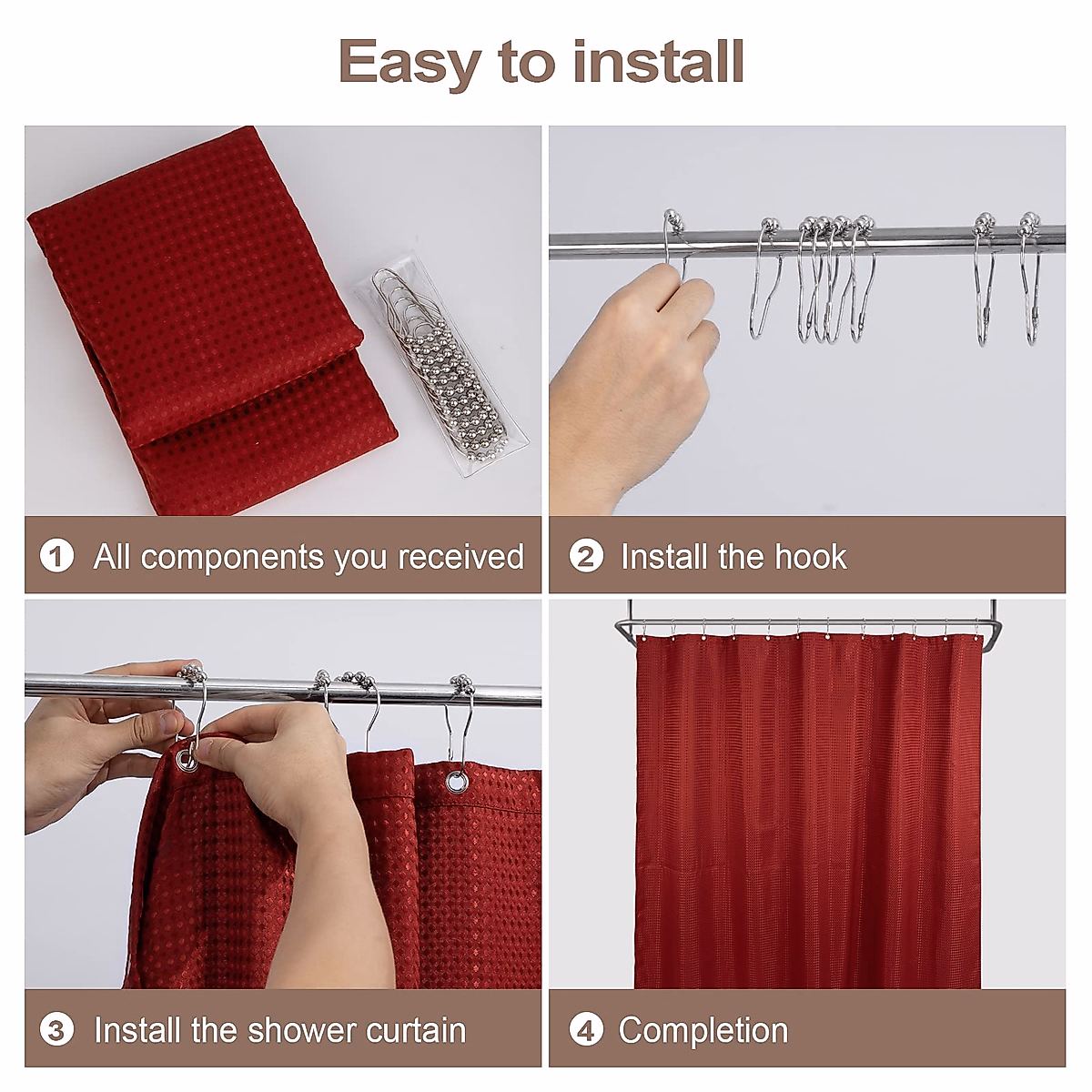 WOHEWREY Shower Curtain, Waterproof Waffle Fabric Shower Curtain, 72 * 78 Inch Shower Size, with 12 Hooks, Weighted Long Hem, Machine Washable, Suitable for Home Hotel Bathroom Shower Curtain Set Red