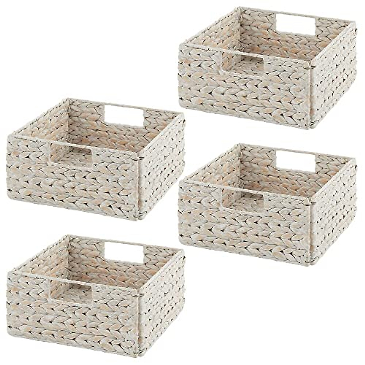 mDesign Woven Hyacinth Storage Bin Basket Organizer with Handles for Organizing Kitchen Pantry, Cabinet, Cupboard, Shelves - Holds Food, Drinks, Snacks - 4 Pack - White Wash