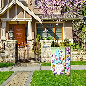 Texupday Welcome Bunny Gnome Easter Eggs Tulips Decoration Easter Spring Holiday House Flag Outdoor Yard Flag 28" x 40"