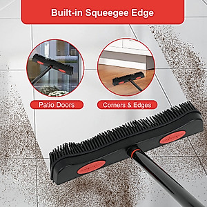 Tiumso Rubber Broom for Carpet, Pet Hair Removal Broom with Squeegee for Floor, Carpet Broom Includes Rubber Brush and Microfiber Cloth for Dog and Cat Hair - Black and Red