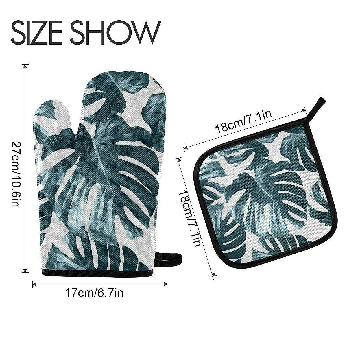 BOOBERT Oven Mitts and Pot Holder Oven Gloves Cute Monstera Green Palm Leaves Non-Slip Hot Pads Insulation Gloves Heat Resistant Kitchen Set for Cooking Baking Grilling BBQ