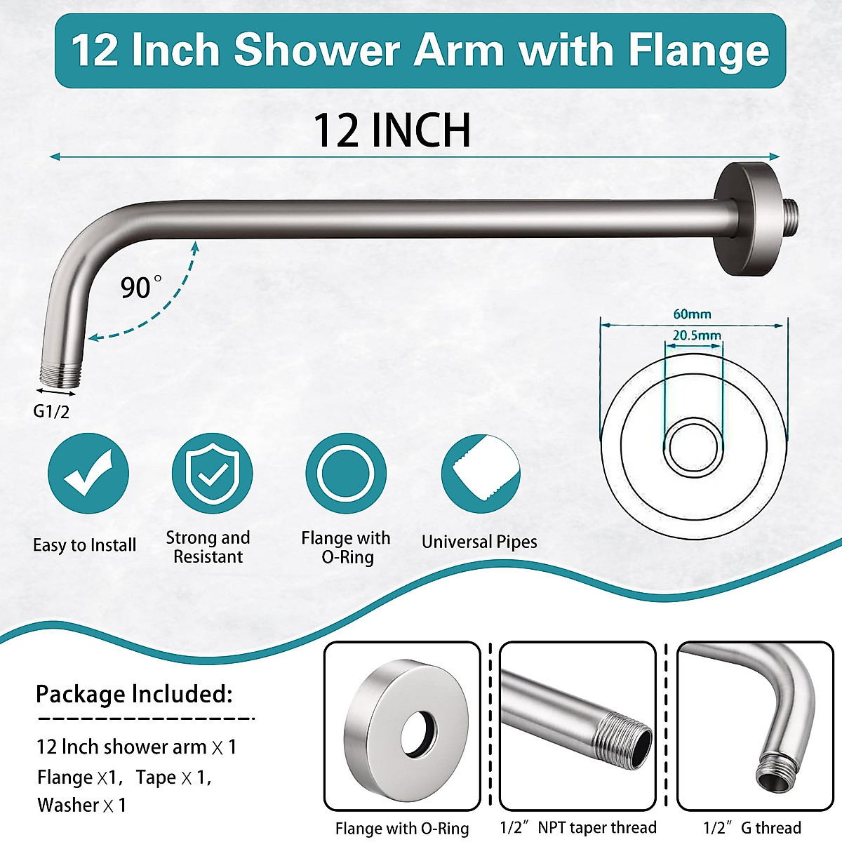 12 Inch Shower Arm with Flange,Stainless Steel 90 Degree Rain Shower Head Extension Arm,Wall-Mounted Shower Head Arm for Fixed Shower Head,Brushed Nickel