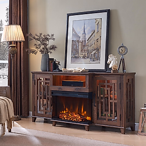 JXQTLINGMU 3-Sided Glass Fireplace TV Stand for 75 Inch TV, Large Farmhouse Media Console with LED Light, Highboy Entertainment Center with 3 Side Cutouts Glass Doors for Living Room, Antique Brown