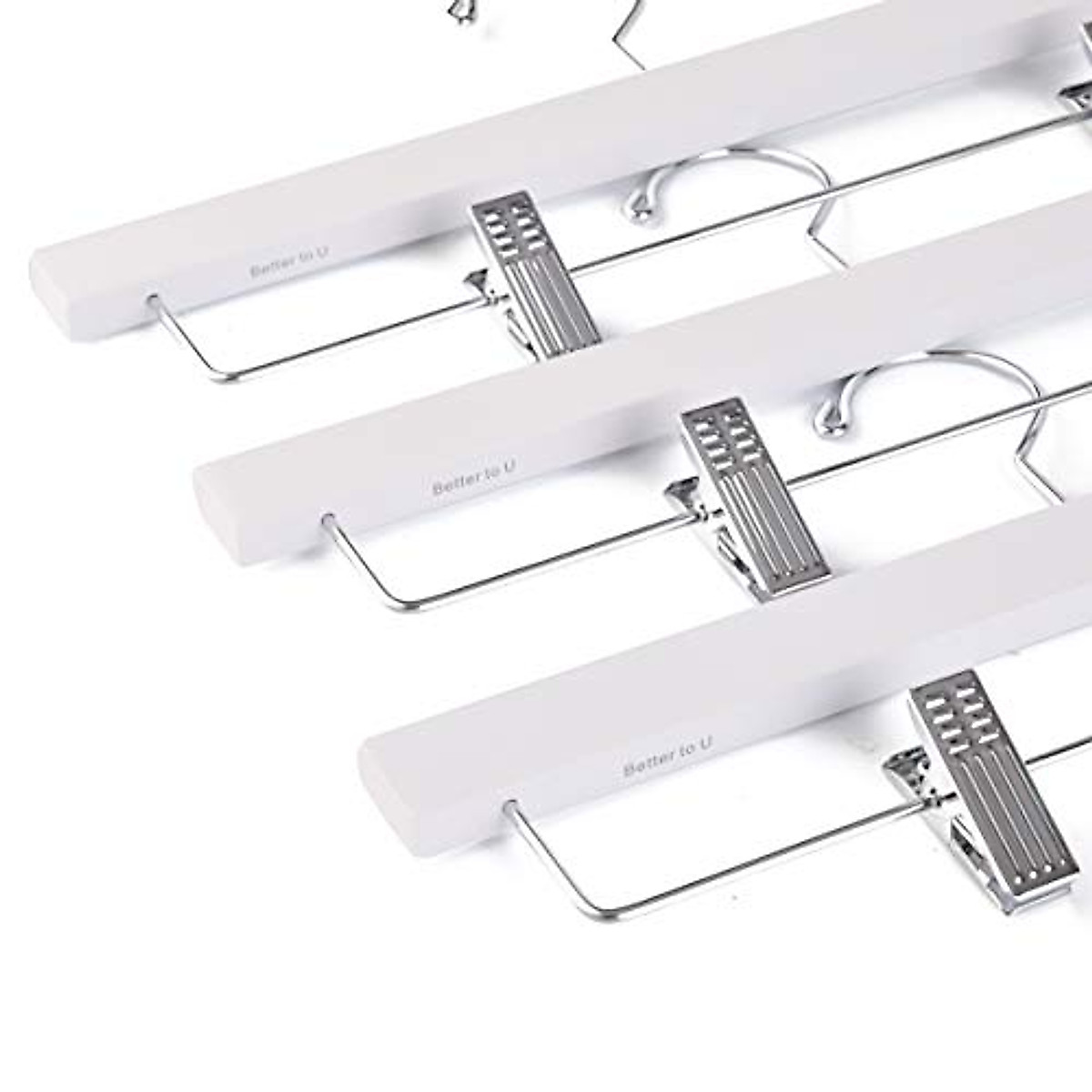Better to U White Wooden Pants Hangers, Solid Wood Bottom Trousers Jeans Skirt Hangers with Clips (20 Pack)