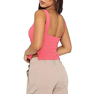REORIA Women's Sexy Square Neck Ruched Double Lined Split Y2K Tank Crop Tops Peach Pink Small