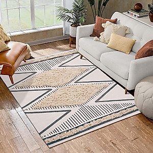 LEEVAN Boho Area Rug 3'x5', Farmhouse Tufted Rugs for Living Room, Modern Hand-Woven Tribal Small Bedroom Rugs, Wasnable Geometric Cream Carpet for Playroom/Kids/Classroom/Nursery