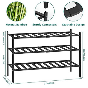 Goramio 3 Tier Bamboo Shoe Rack - Sturdy Shoe Rack for Entryway, Closet, Hallway, Living Room - Free Standing Small Shoe Shelf - Premium Stackable Shoe Storage Organizer - 27''×11''×18'' - Black