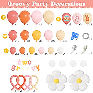 Ouddy Life 183Pcs Groovy Balloons Arch Garland Kit, Two Groovy Party Decorations Girl with Banner & Daisy Flowers Peace Victory Bus for Retro Hippie Groovy One Birthday Boho Baby Shower Favors