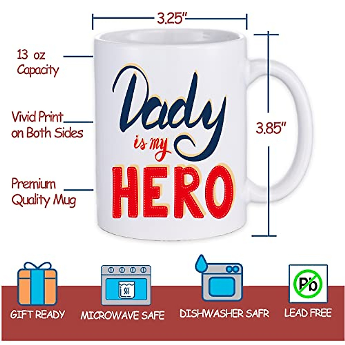 Gifts for Dad Men, Daddy is My Hero Coffee Mug, Cool Stocking Stuffers, Funny Fathers Day Birthday Gift Ideas for New Papa Husband from Daughter Son, Unique Presents, Microwave and Dishwasher Safe