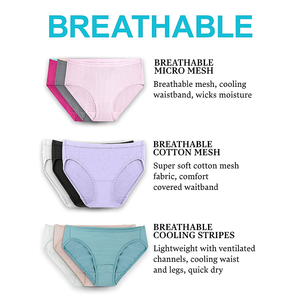 Fruit of the Loom Women's Breathable Underwear, Moisture Wicking Keeps You Cool & Comfortable, Available in Plus Size, Micro Mesh-Hi Cut-6 Pack-Colors May Vary, 7