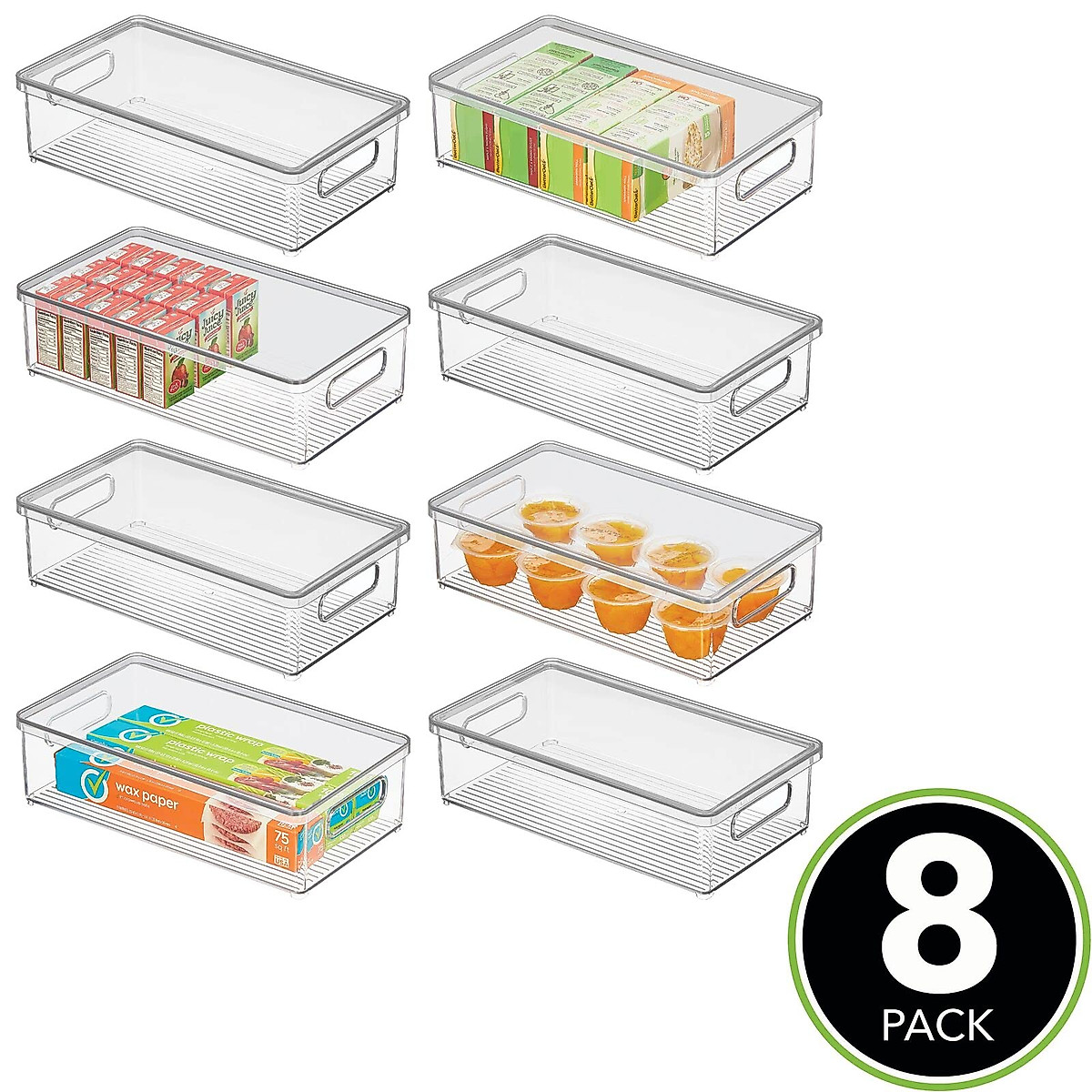 mDesign Plastic Stackable Kitchen Cabinet Storage Bin Box with Handles/Lid - Fridge, Cupboard, Countertop Food Storage for Snacks Stacking Organization, Ligne Collection, 8 Pack, Clear