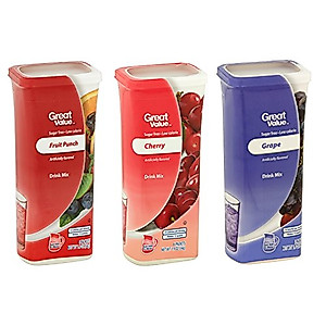 Great Value Drink Mix, Sugar Free, Fruit Punch, Cherry and Grape Bundle of 3 flavor Canisters. (Canister Designs May Vary)