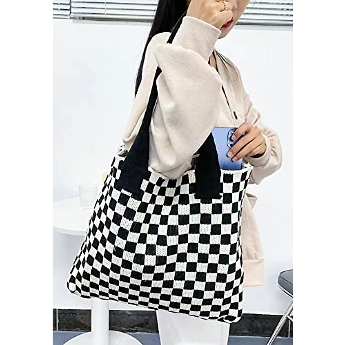 Pocadri Women's Contrasting Shoulder Bag Cotton Hemp Soft Multifunctional Large -Capacity Knitted Bag Handbags