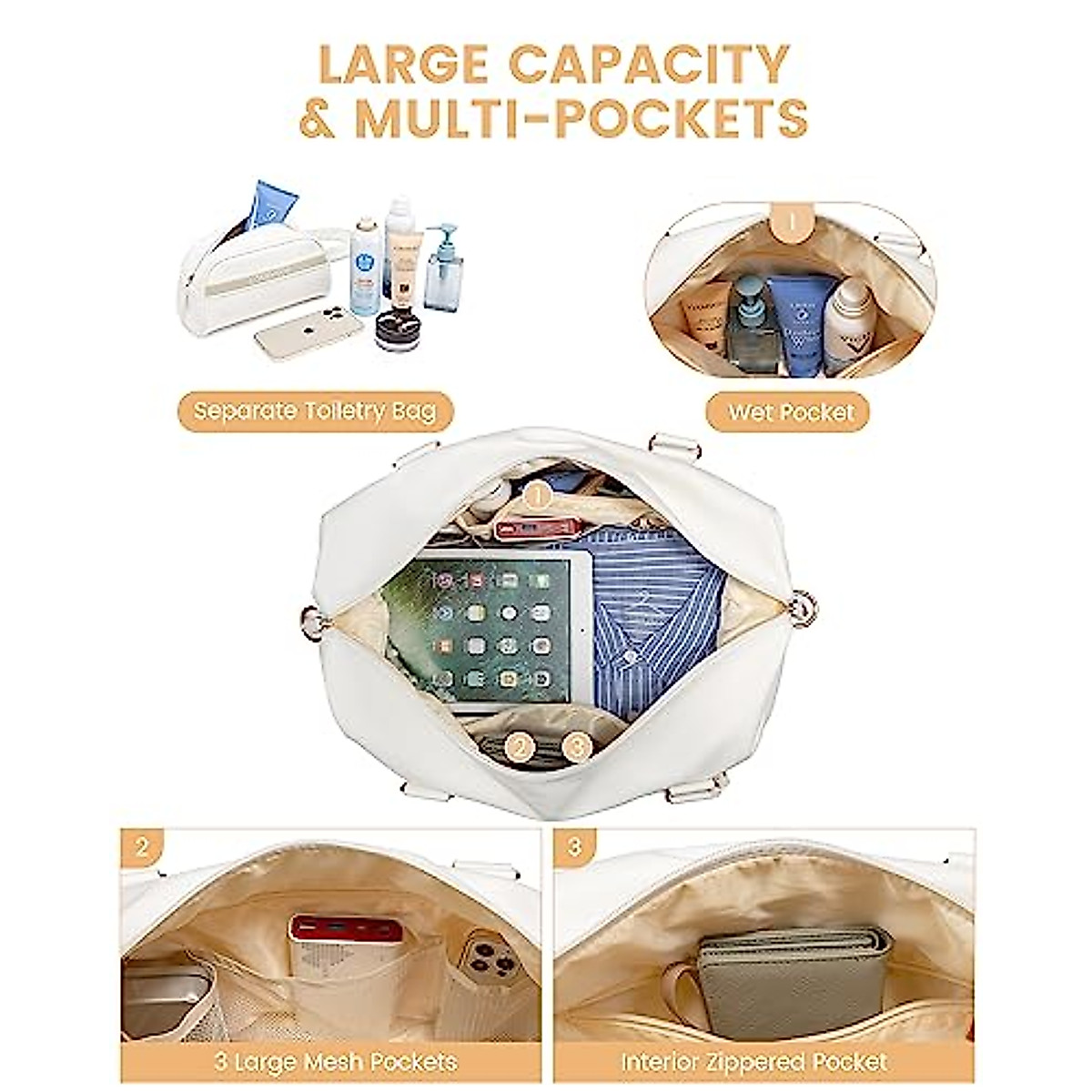 LOVEVOOK Travel Duffle Bag for Women, Leather Carry On Weekender Bag with Toiletry Bag, Cute Overnight Bag Tote Gym Duffel Bag with Wet Pocket for Hospital Yoga Sports Dance White