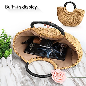 Semi-circle Rattan Straw Handbags, Hand-woven Summer Watermelon Beach Straw Bag with Sequin for Women