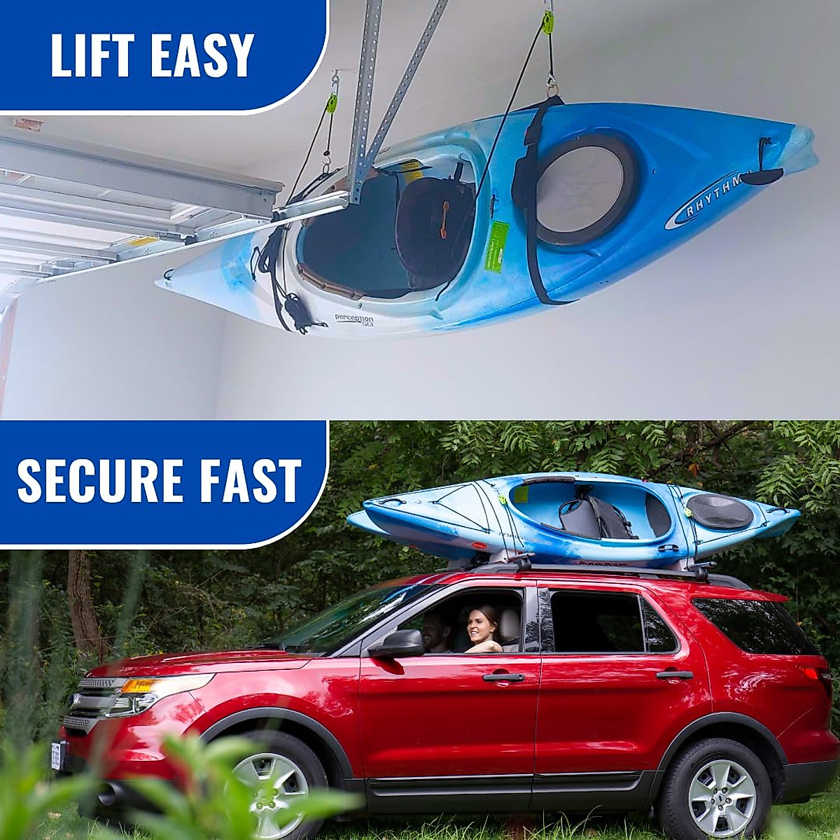 Tie Boss Kayak Hanger, Cargo Ceiling Storage, Overhead Storage, Watercraft Garage Storage, Hoist System. Green