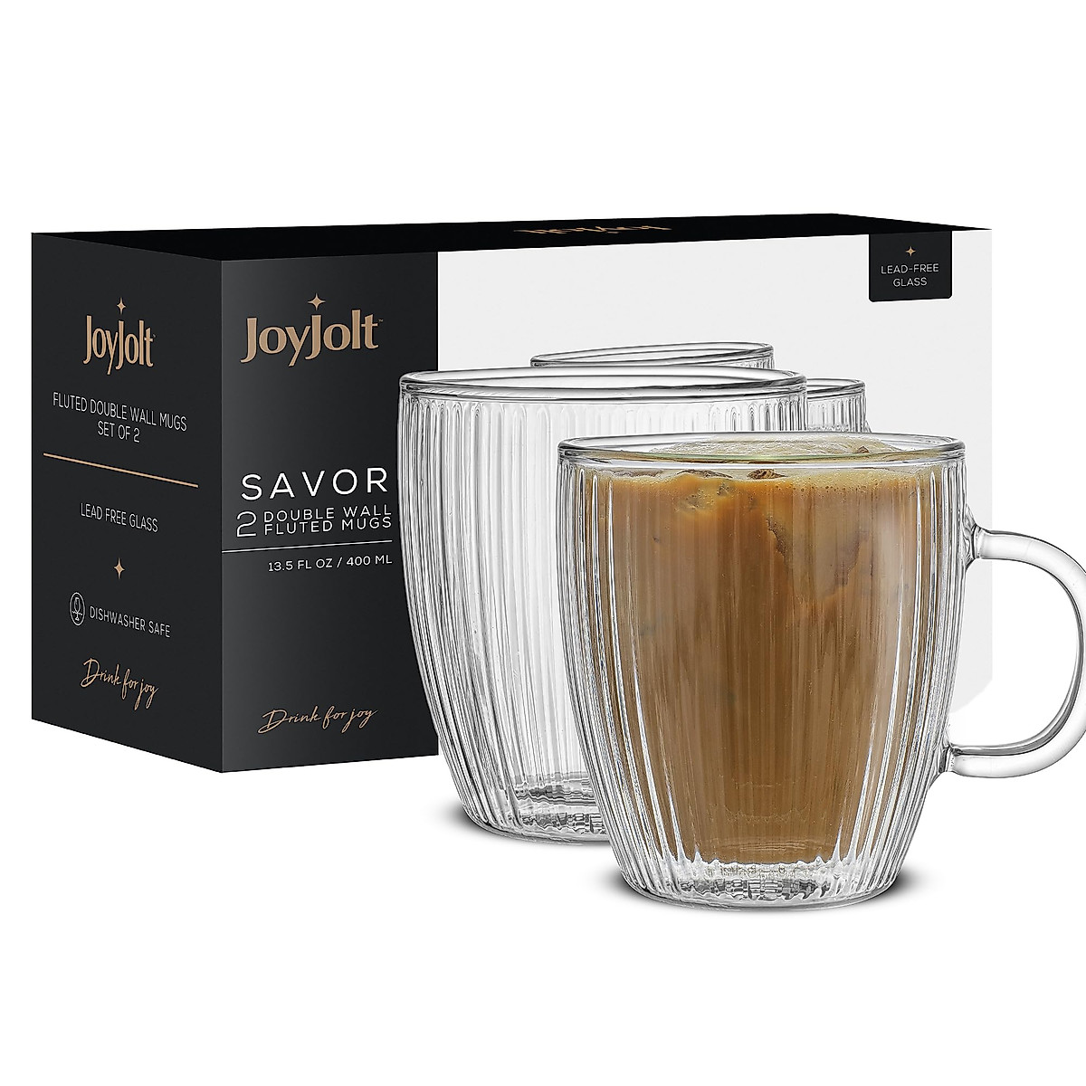 JoyJolt Fluted Glass Coffee Mugs, Double Wall Coffee Mugs. 13.5oz Clear Coffee Mug Set of 2. Latte Glasses, Glass Cappuccino Mugs, Clear Glass Coffee Mug. Ribbed Mugs