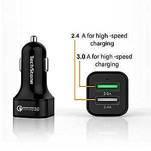 TechStone Car Charger Dual USB in Car Fast Charging Adapter Quick Charge 3.0 – Mini Phone Cigarette Lighter 12v Socket for iPhone Xs/XR/Max/7/8/Plus, Air 2/ iPad Pro/Mini, Galaxy, LG, HTC