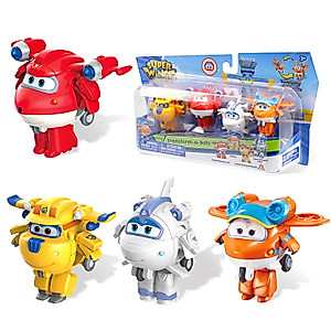 Super Wings 2" Transform-a-Bots 4-Pack, Supercharged Jett, Donnie, Astra, Sunny, Airplane Toys Vehicle Mini Figures, Fun Toys for Kids, Transformer Toys for 3 4 5 Year Old Boys and Girls