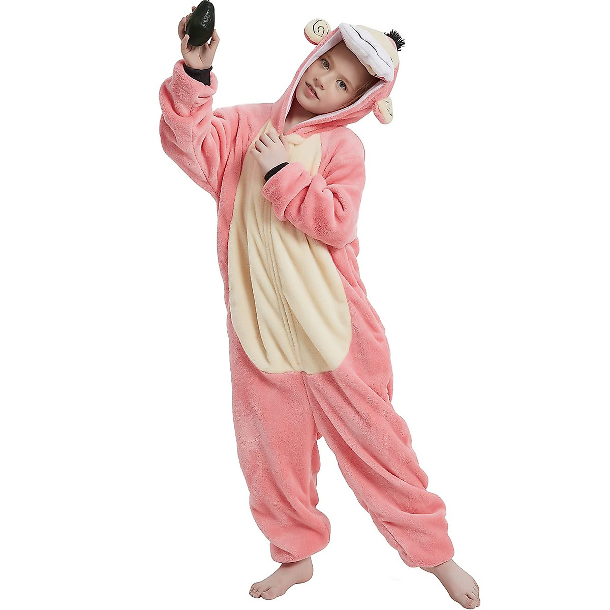 CALANTA Monkey Onesie Kids Gorilla Costume Animal Girls Pajamas One Piece Plush Sleepwear Cosplay Halloween Christmas.Pink.130