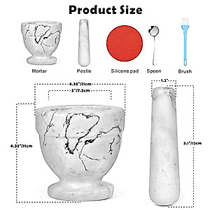 Mortar and Pestle Marble Set for Spices Pestos Seasonings Pastes Guacamole Bowl Herb Grinder Easy to Clean Included:Silicone Mat,Brush,Stainless Steel Spoon 4.33inch(Small,White Gray)