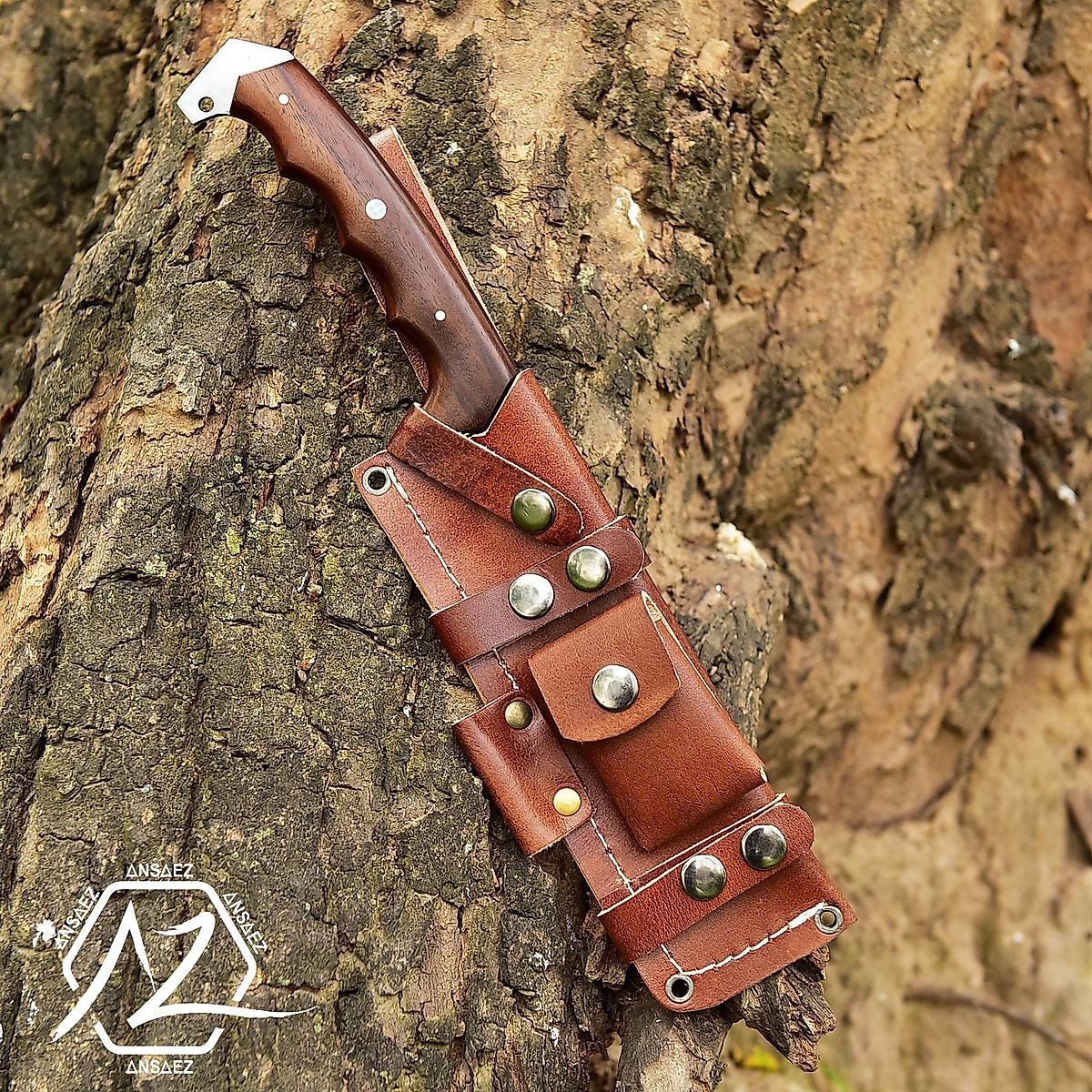 ZEASNA ZE-HK-55 Handmade Damascus Hunting Knife with Leather Sheath for Outdoor Skinning Camping Fixed Blade Bowie Knife with Sheath Razor Sharp Damascus Steel Knives for Men