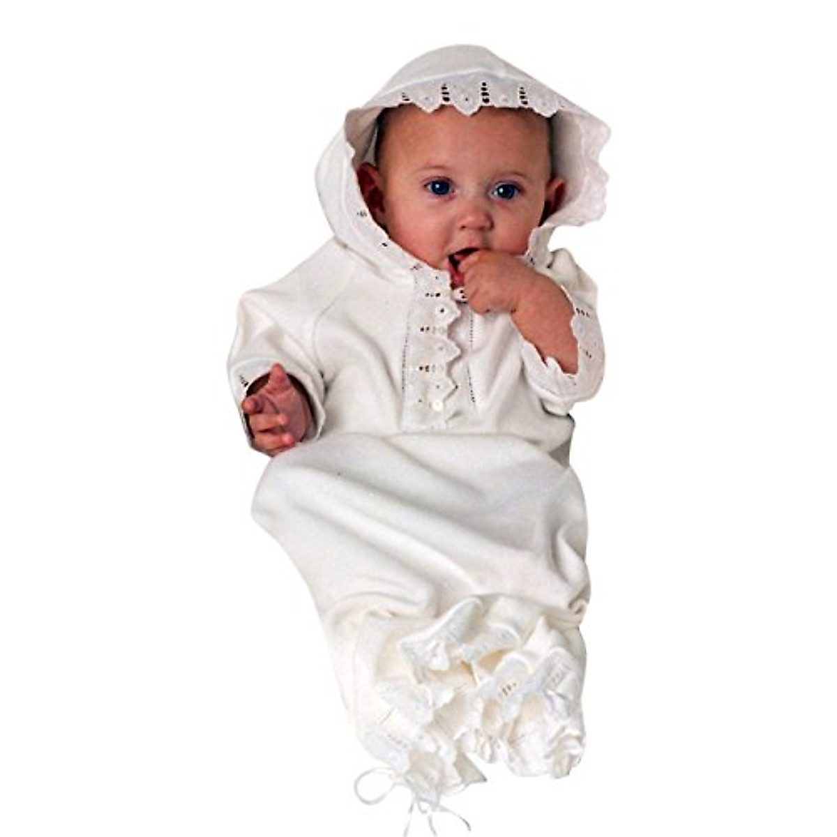 Victorian Organics Baby Gown Organic Cotton and Lace Infant Button Hoodie Bunting (NB 0-3 months, Antique White)