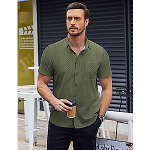 COOFANDY Mens Polka Dot Printed Shirt Short Sleeve Buton Down Casual Summer Party Dress Shirt Army Green