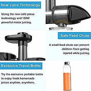 Touch LED Display Masticating Juicer Machines Vegetable and Fruit, Healnitor Cold Press Slow Juice Extractor Machines with Triple Mode, Easy to Clean Brush & Quiet Motor, 500ML Travel Bottle, Grey