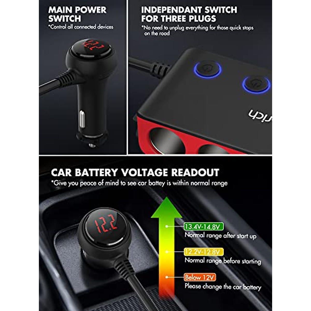 Cigarette Lighter Adapter, 3 Socket Cigarette Lighter Splitter, Fast Car Charger Adapter with 20W USB C PD & 18W QC 3.0 (5V/10.4 A), 12V Multi Port Outlet Extension for GPS/Dash Cam/Radar Detector