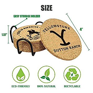 Homythe Yellowstone Merchandise Beth Dutton Coasters, 6 Pcs Cork Coasters with Metal Holder, Dutton Ranch Rip TV Show Drink Coasters, Birthday Housewarming Christmas Coaster Gifts for Yellowstone Fans
