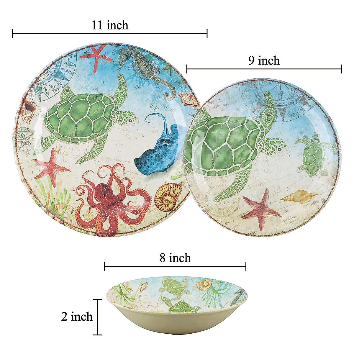 UPware 12-Piece Melamine Dinnerware Set, Includes Dinner Plates, Salad Plates, Bowls, Service for 4. (Sea Turtle)