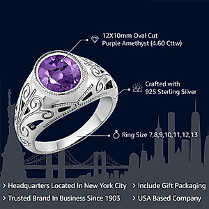 Gem Stone King 4.60 Cttw Amethyst Ring For Men In 925 Sterling Silver | Gemstone Birthstone | Oval 12X10MM | Available In Size 7,8,9,10,11,12,13