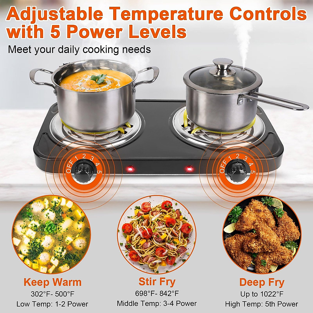 Countertop Burner, Electric Double Burners 2000 Watts, Hot Plate Cooktop with 5 Temperature Control, Non Slip Rubber Feet, Portable Coil Heating Stove Countertop RV Hotplate for Home or Dorm(Black 2)