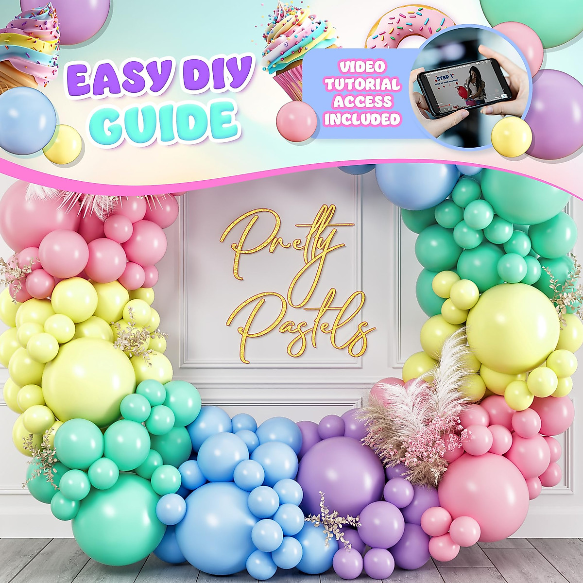 100pcs Pastel Balloon Garland Kit – Pastel Rainbow Balloon Arch – Small and Large Pastel Balloons for Pastel Birthday Decorations – Unicorn, Spring, Macaron, Easter, Donut & Ice Cream Party Balloons