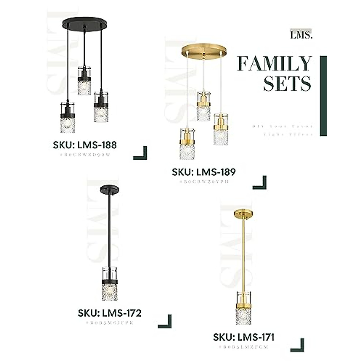 LMS Black 3-Light Pendant Fixtures, Adjustable Kitchen Hanging Light Fixture, Cluster Pendant Lights, LMS-188