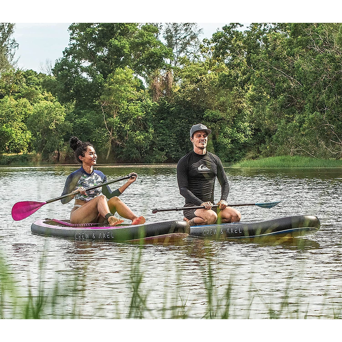 Inflatable Paddle Board SUP by Crew & Axel - 10FT 33" Wide (6.2” Thick) Stand up Paddleboard Set W/Backpack, 3 Fins, Floating Paddle, Light Weight (17lb), Drybag, Camera Mount, Rings Seat Blue