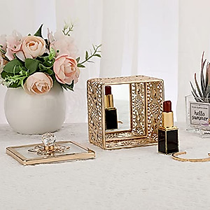 Hipiwe Hollow-carved Metal Jewelry Box with Glass Lid, Gold Mirrored Trinket Organizer Square Treasure Box for Ring Earrings Necklace, Christmas Birthday Gift for Women Girls