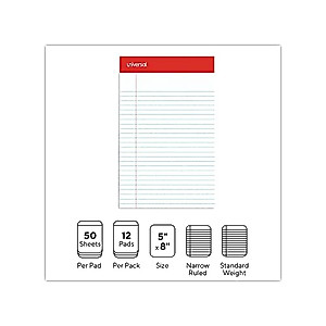 Universal 46300 Perforated Edge Writing Pad, Narrow Rule, 5 x 8, White, 50 Sheet (Pack of 12)
