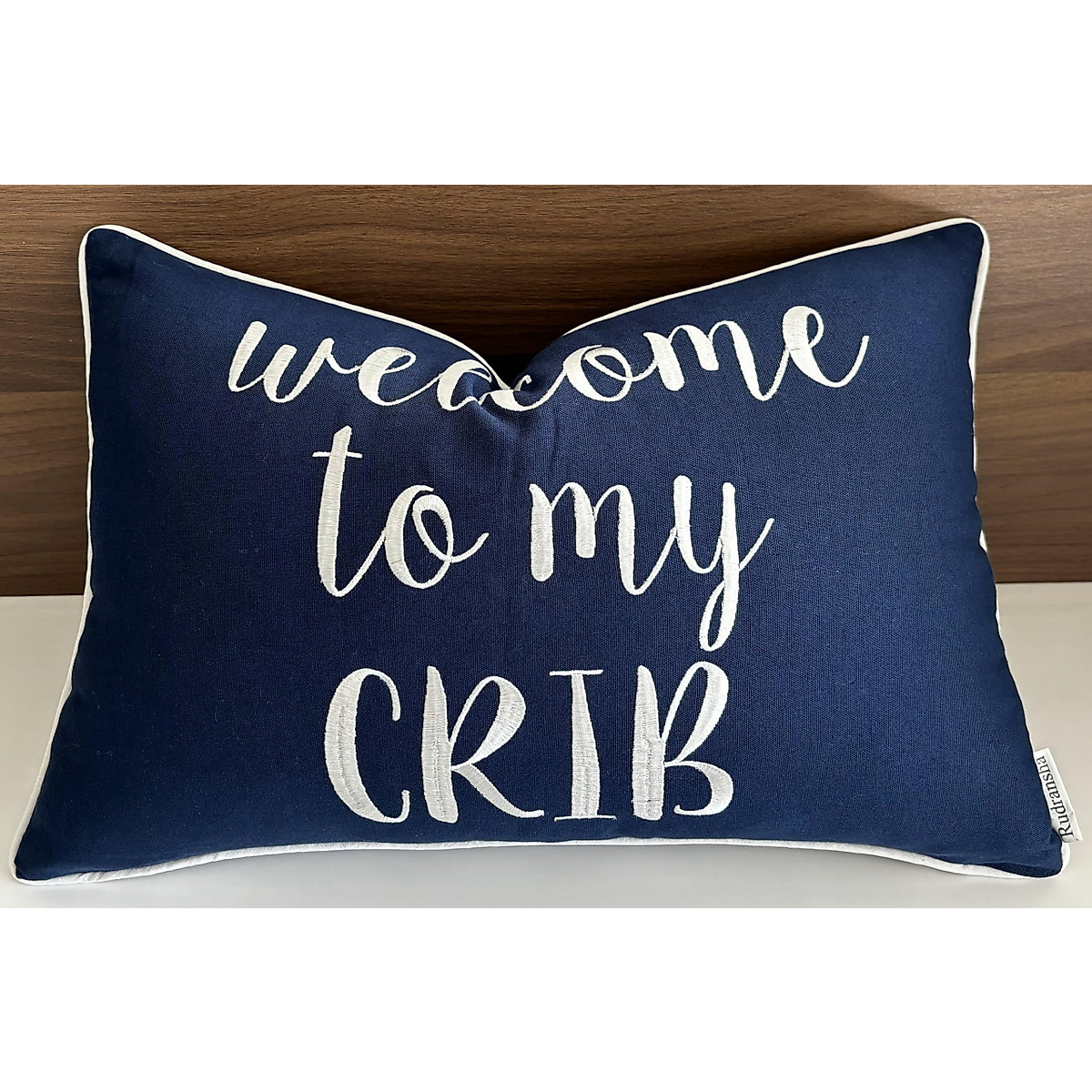 Rudransha Welcome to My Crib Embroidered Lumbar Accent Throw Pillow Cover - Nursery Decor - 12x18, Navy Blue
