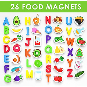 Curious Columbus - Fridge Magnets for Toddlers - Learning Magnets for Toddlers - Set of 52 Toddler Magnets - 26 Big Foam Food Magnets + 26 ABC Alphabet Magnets - Fun Refrigerator Magnets for Kids
